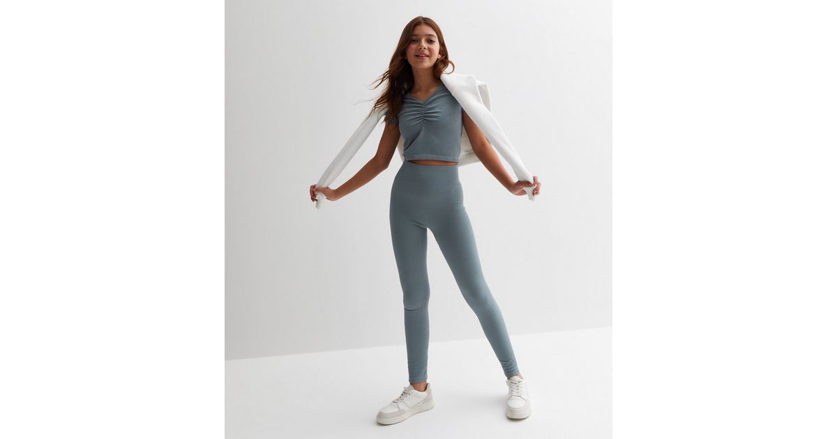 Girls Blue Ribbed High Waist Sports Leggings | New Look