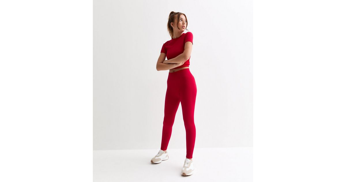 Girls Red Ribbed High Waist Sports Leggings | New Look