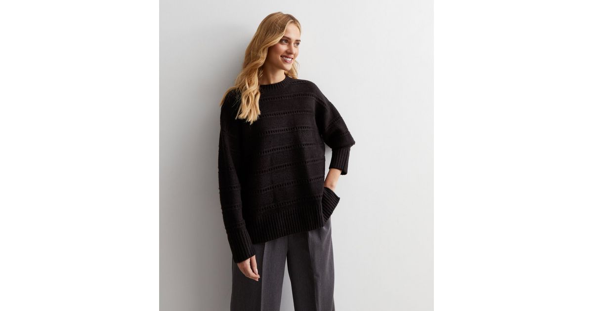 Black Mesh Stitch Knit Long Sleeve Jumper | New Look