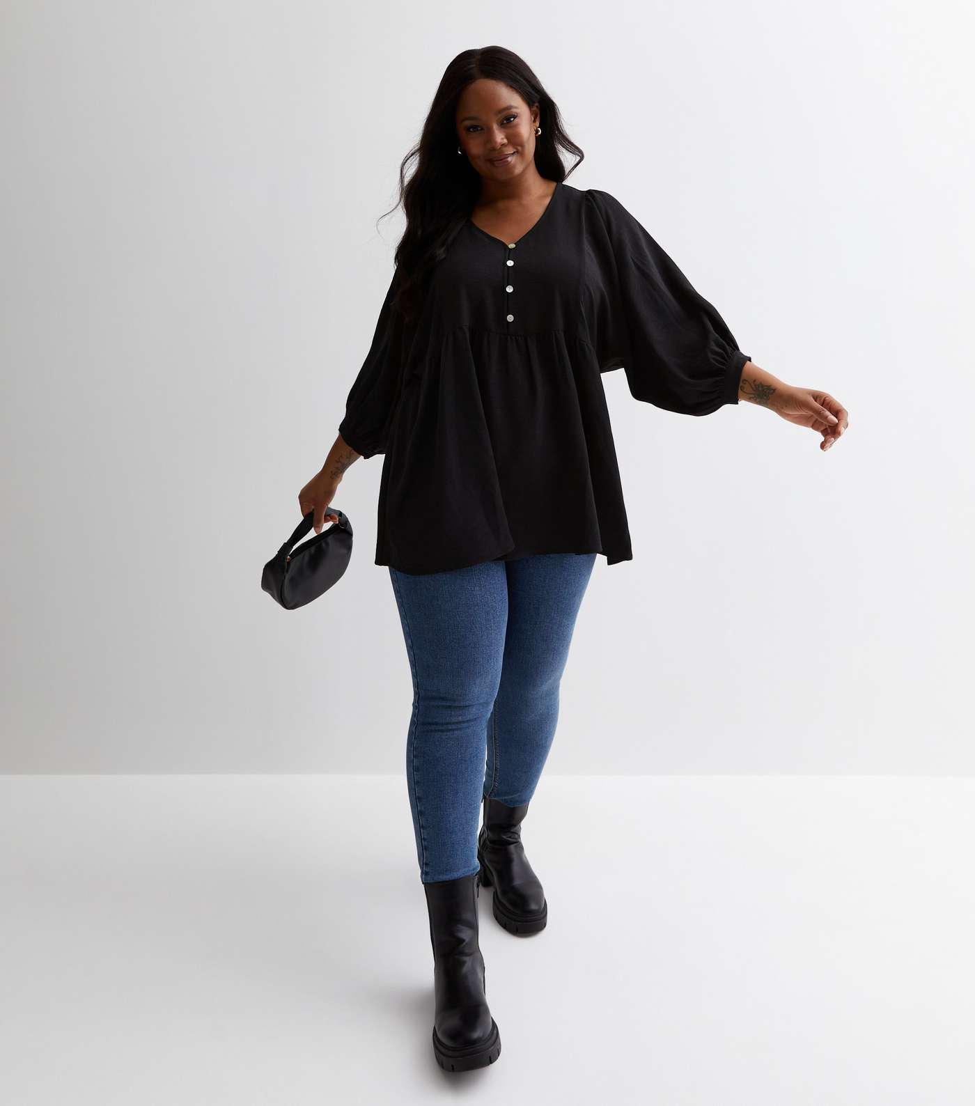 Curves Black Button Front Peplum Blouse New Look
