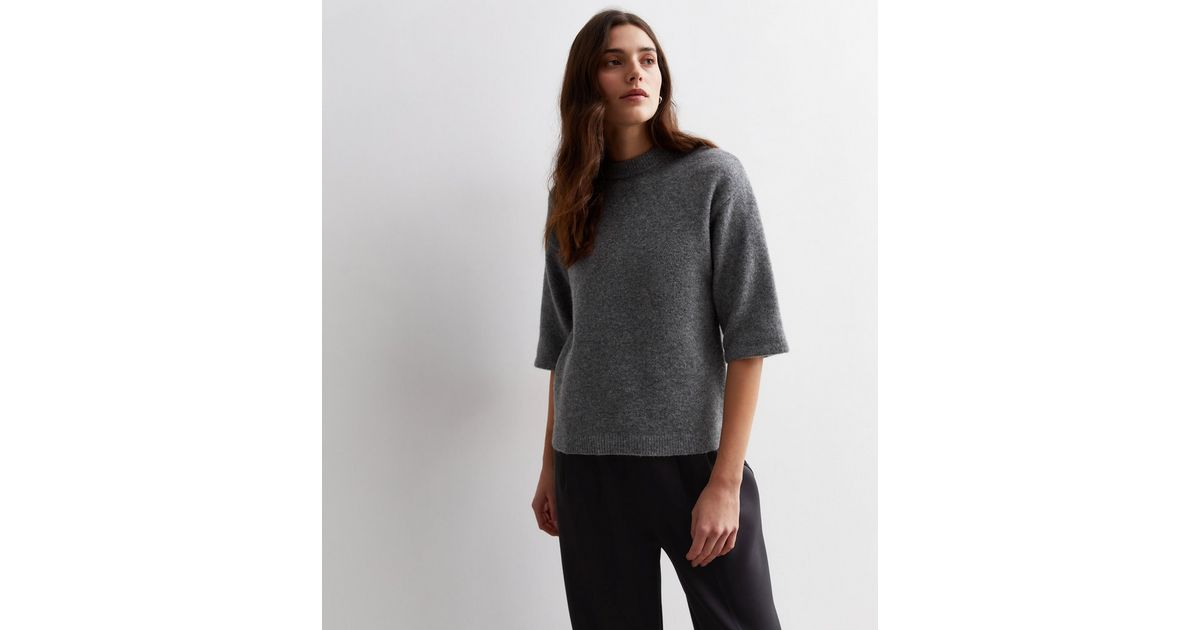 Dark Grey Knit Crew Neck 1/2 Sleeve Boxy Jumper | New Look