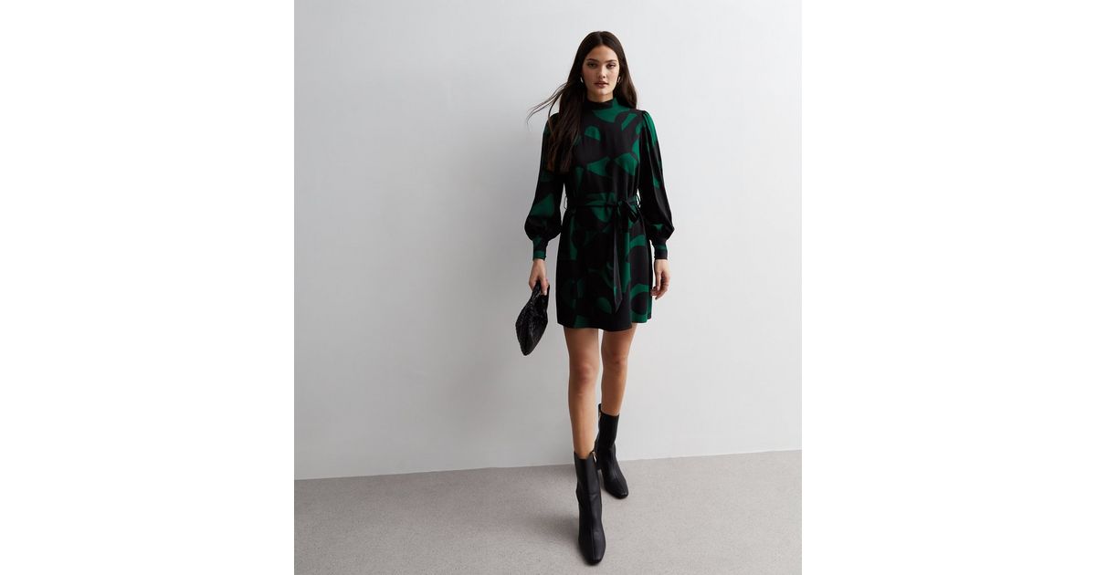 Green Abstract Print High Neck Belted Mini Dress New Look
