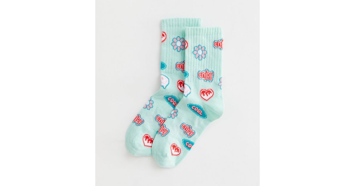 Mint Green Sticker Print Tube Socks | New Look