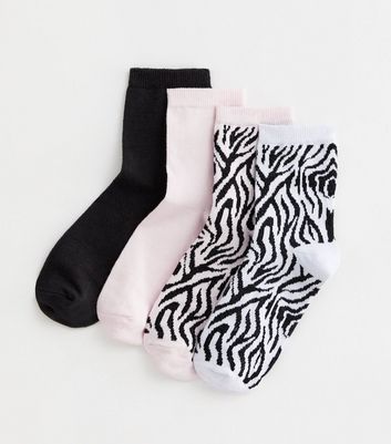 4 Pack Pink Zebra Print and Plain Socks | New Look
