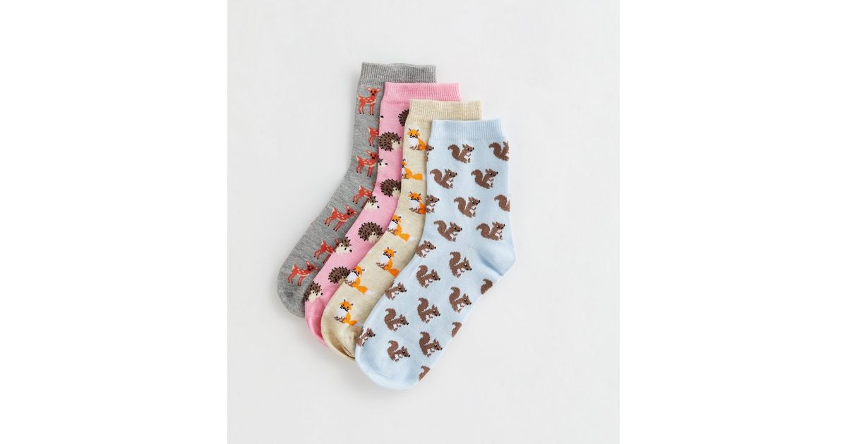 4 Pack Multicoloured Woodland Animals Socks | New Look