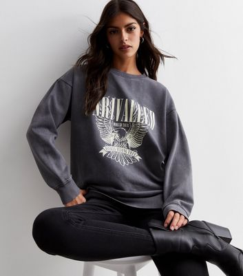 Dark Grey Acid Wash Unrivalled Logo Sweatshirt | New Look