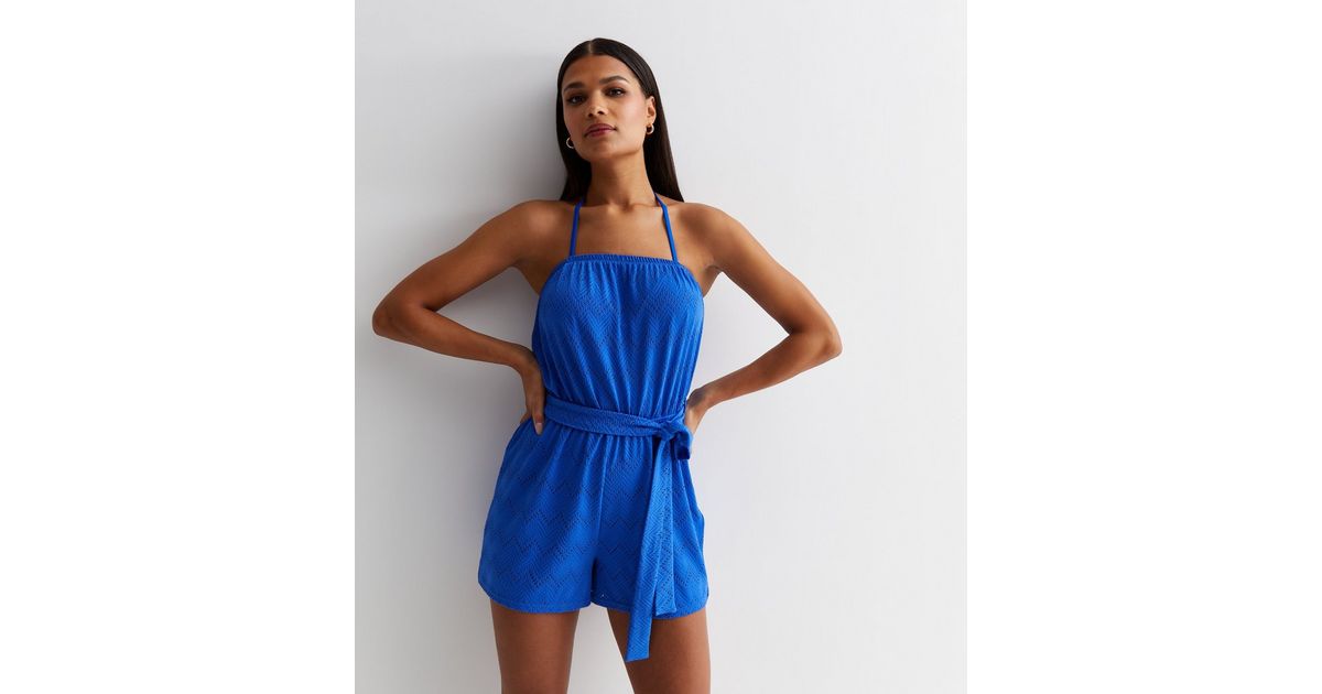 Blue Chevron Embroidered Strapless Playsuit | New Look