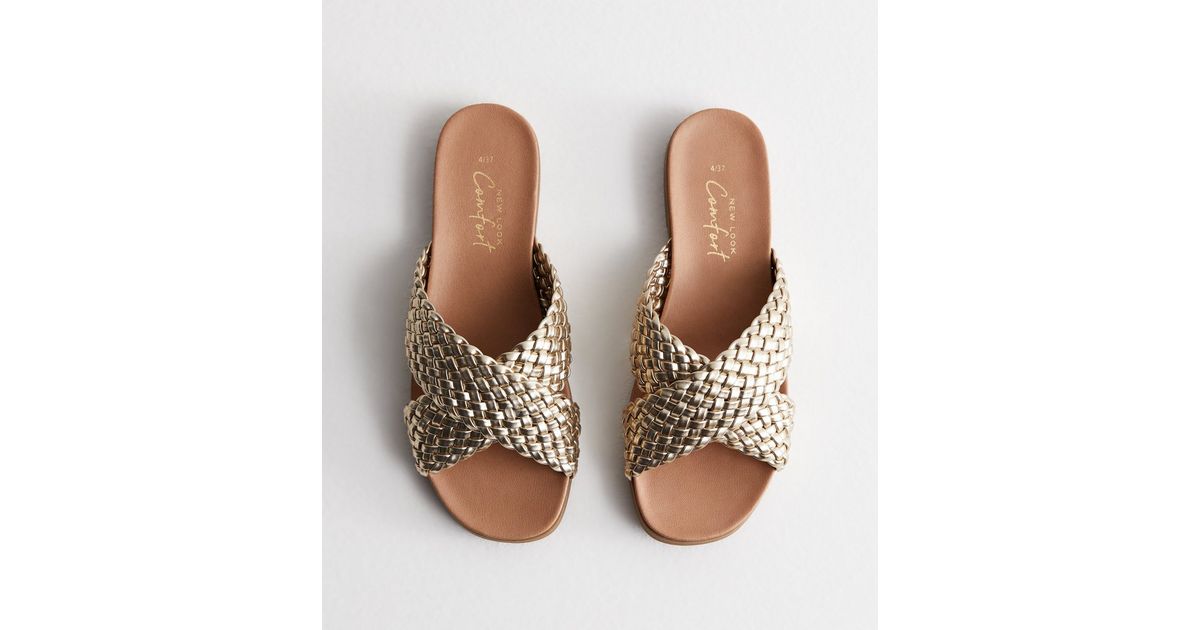 Wide Fit Gold Woven Cross Strap Mule Sliders | New Look