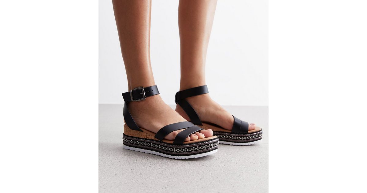 Black Leather Look Embellished Flatform Sandals New Look