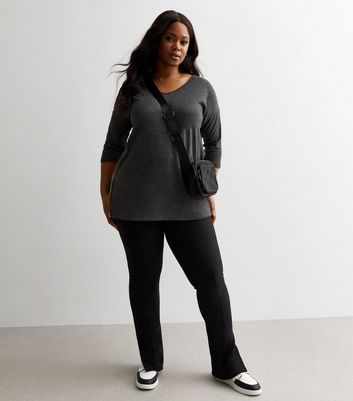 Curves Dark Grey Fine Knit V Neck Top | New Look
