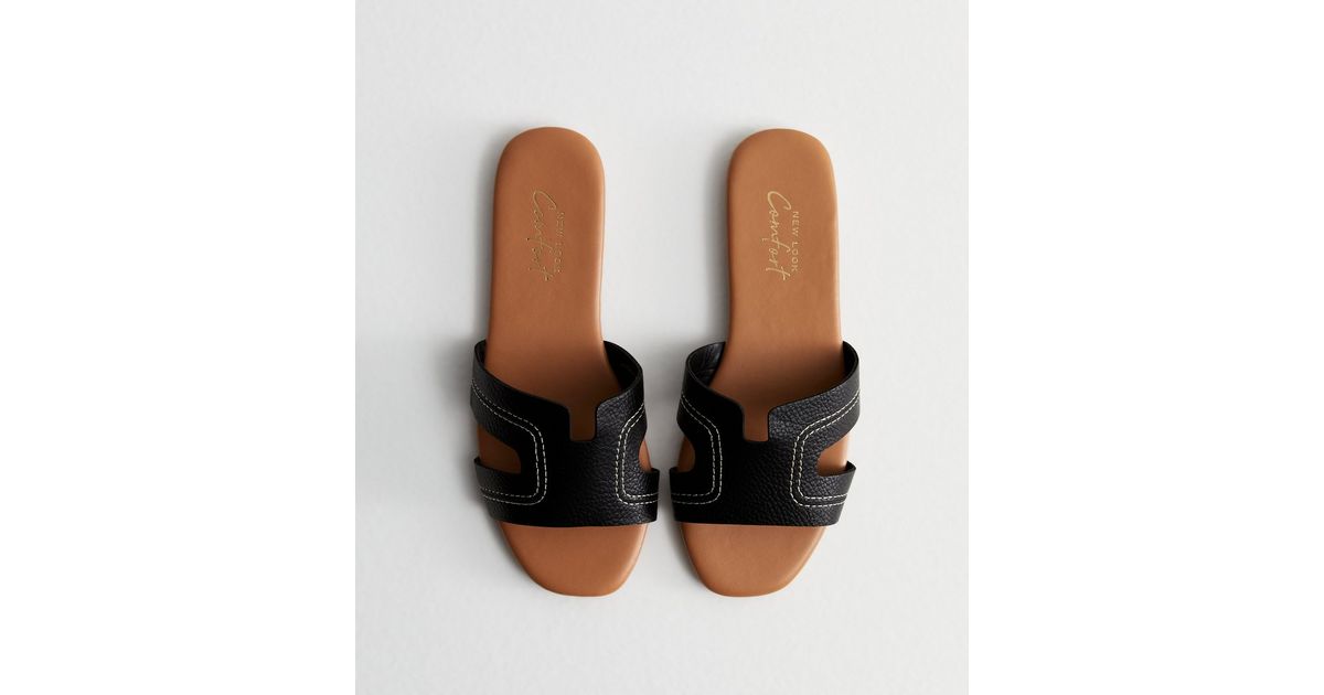 Black Leather-Look Sliders | New Look