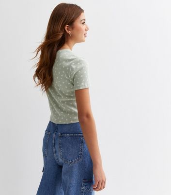 Girls Green Ditsy Floral Ribbed Top | New Look