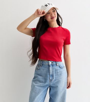 Girls Red Ribbed Crew Neck T-Shirt | New Look