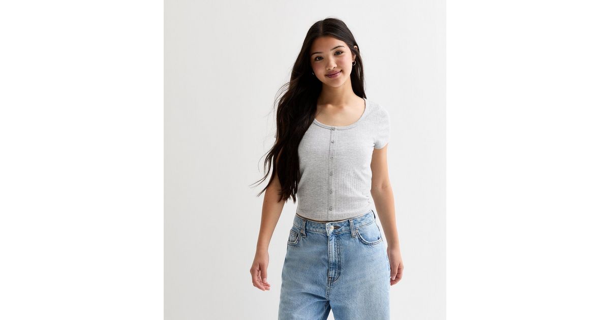 Girls Grey Ribbed Scoop Neck Button Front Top | New Look