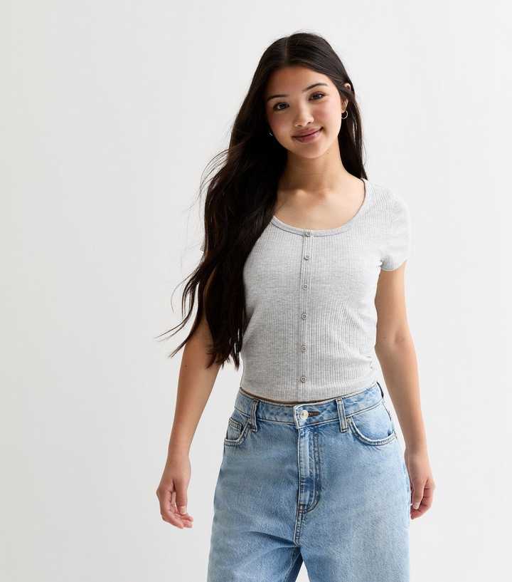 Girls Grey Ribbed Scoop Neck Button Front Top | New Look