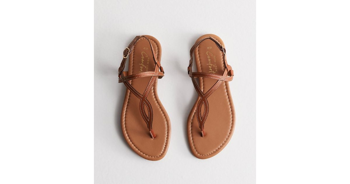 Tan Leather-Look Twist Toe Post Sandals | New Look