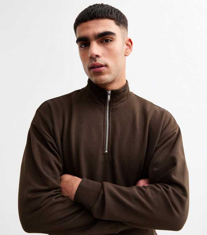Dark Brown Relaxed Quarter Zip Sweatshirt | New Look