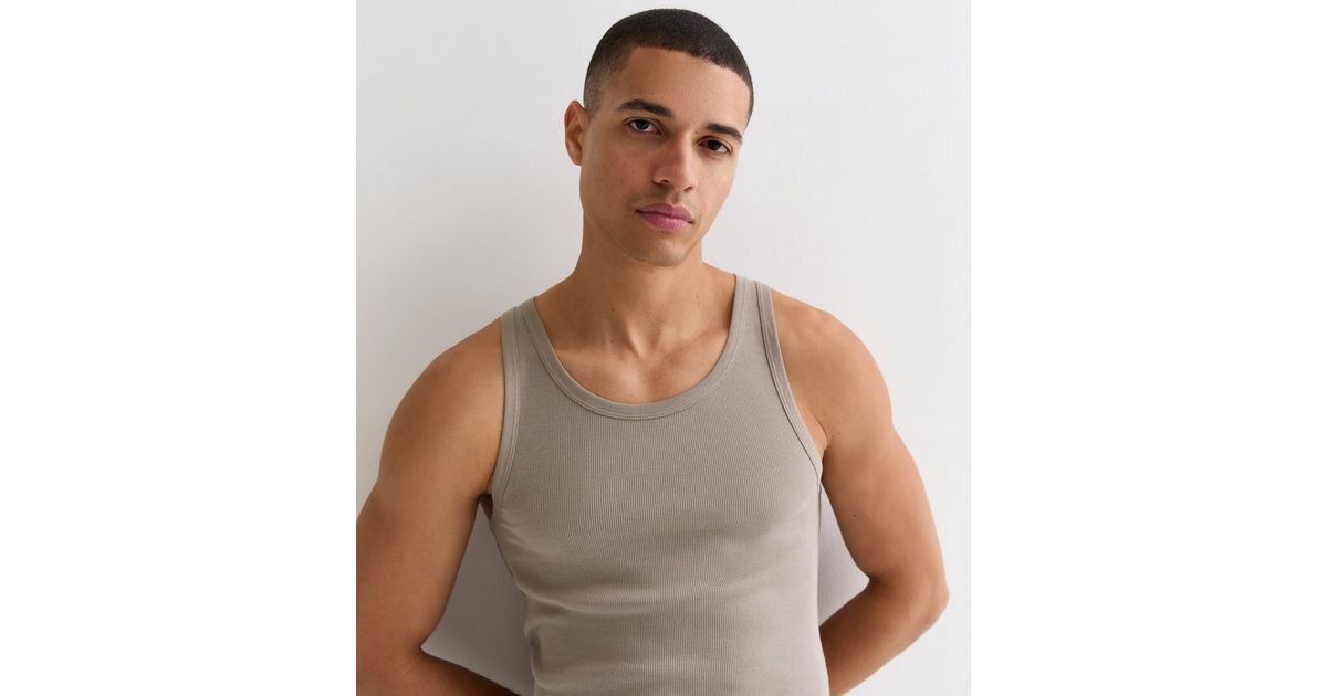 Stone Ribbed Jersey Muscle Fit Vest | New Look
