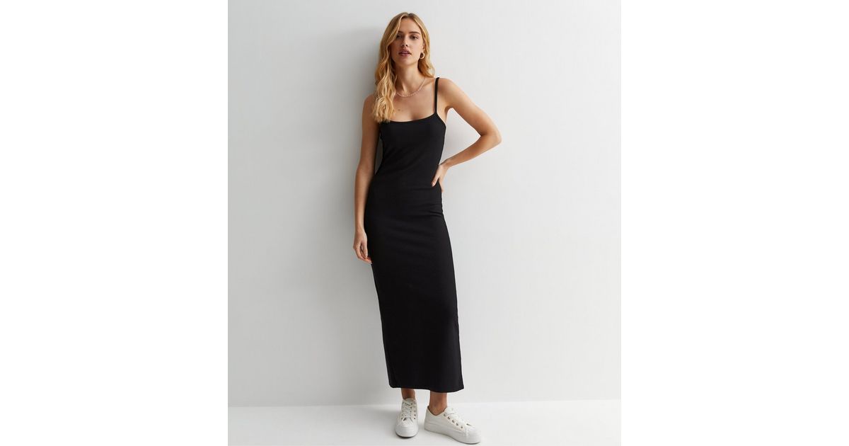 Black Ribbed Jersey Strappy Split Hem Midi Dress | New Look