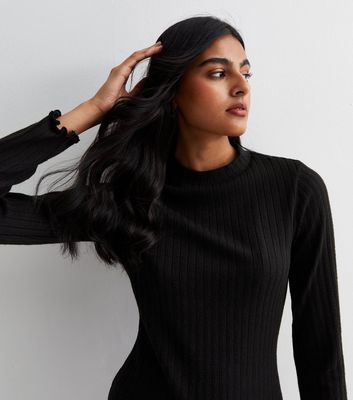 Black Ribbed High Neck Long Sleeve Mini Dress | New Look
