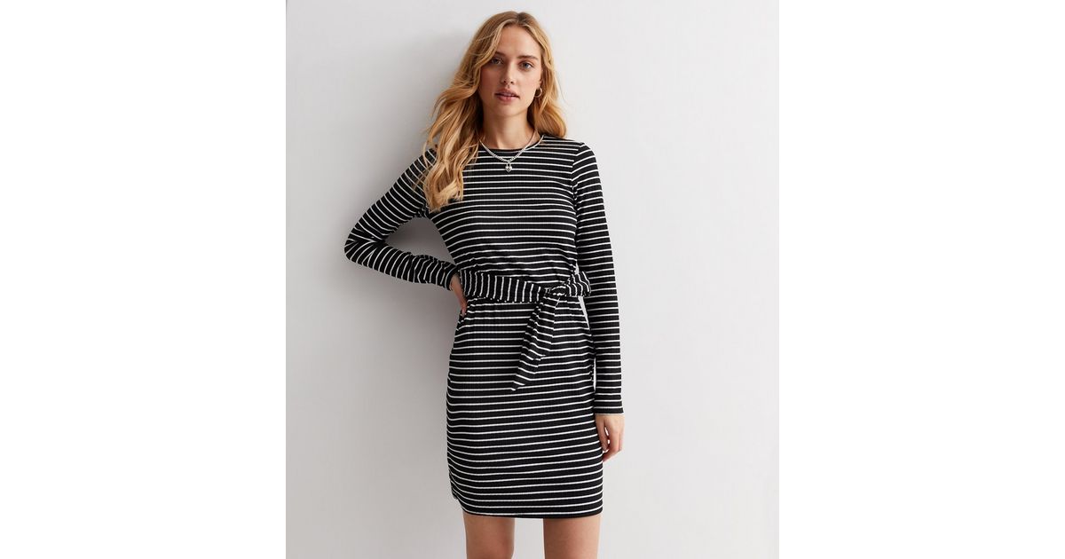 Black Stripe Ribbed Jersey Belted Mini Dress | New Look