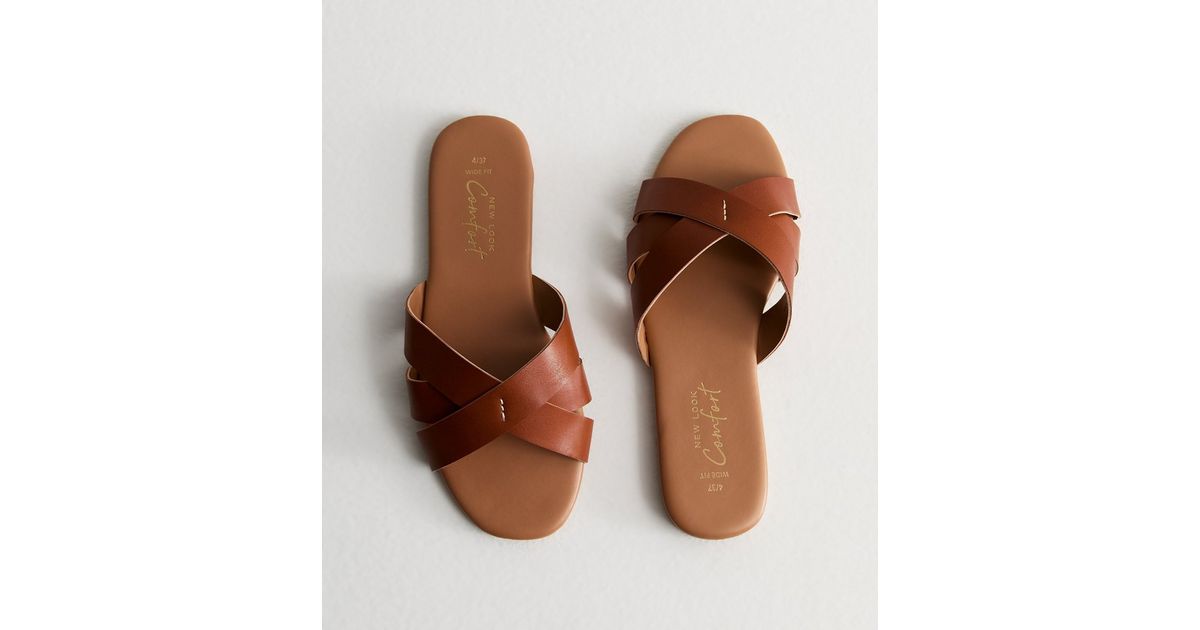 Wide Fit Tan Leather-Look Mule Sliders | New Look
