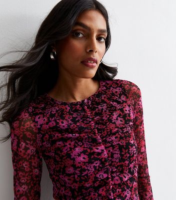 Black Floral Ruched Front Top | New Look