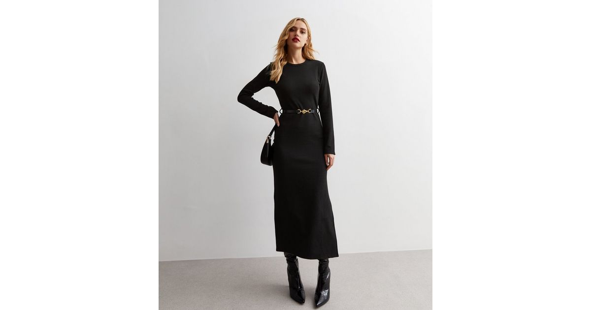 Black Ribbed Jersey Belted Midi Dress | New Look