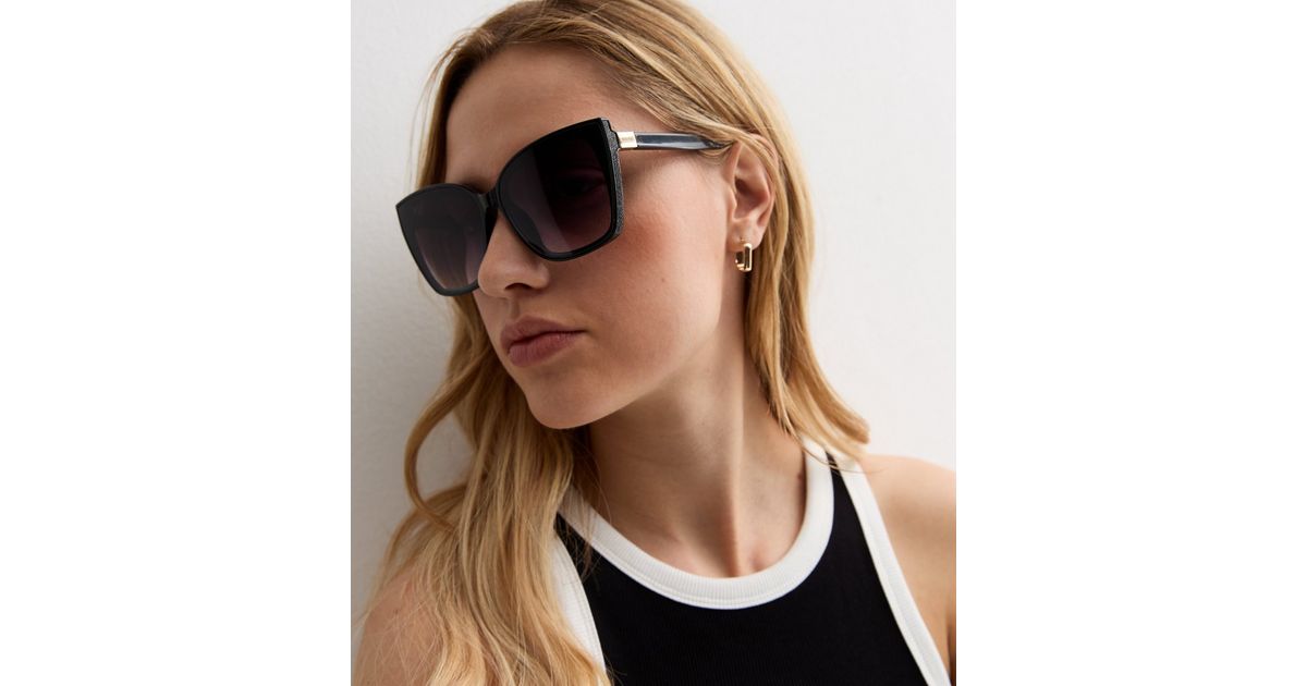 Black Square Frame Glitter Trim Sunglasses New Look