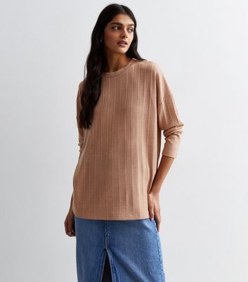 Camel Ribbed Jersey Crew Neck Top | New Look
