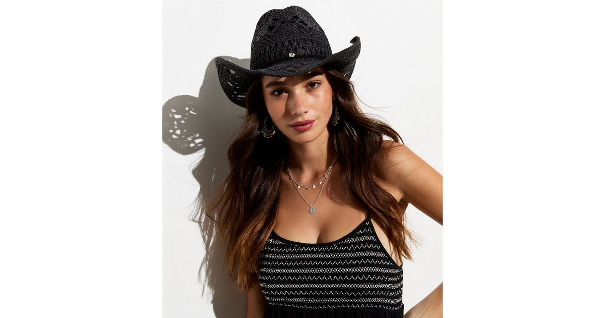 Black Straw Effect Crochet Cowboy Hat | New Look