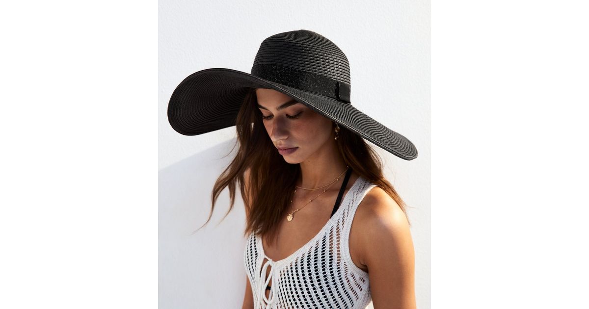 Black Straw Effect Oversized Floppy Hat | New Look