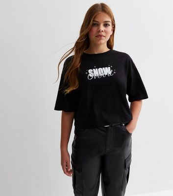 Girls Black Cotton Snow Over It Logo T-Shirt | New Look