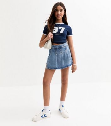 Girls Blue Denim Pleated Skort | New Look