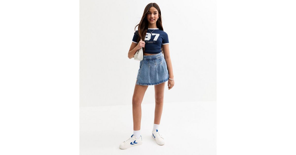 Girls Blue Denim Pleated Skort | New Look