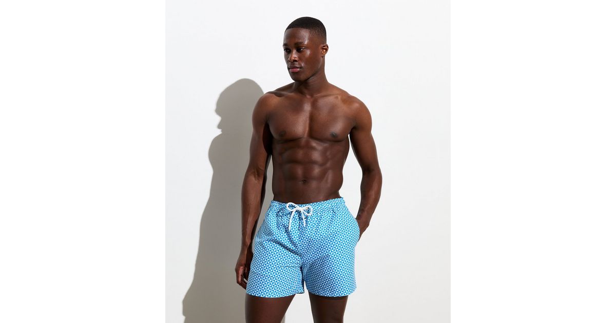 Blue Triangle Print Drawstring Swim Shorts | New Look