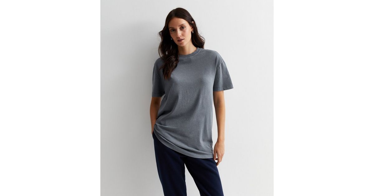 Indigo Acid Wash Cotton Crew Neck Oversized T-Shirt | New Look