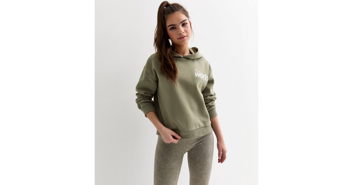 Girls Khaki In My Own World Logo Hoodie | New Look