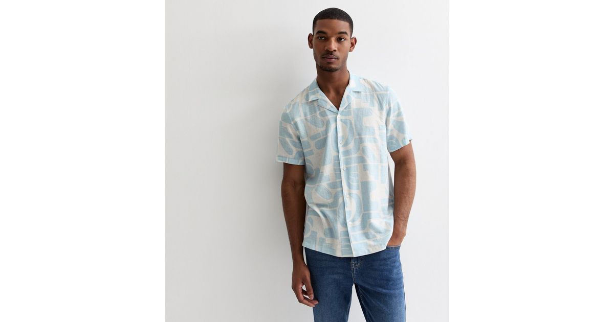 Pale Blue Abstract Print Linen Blend Short Sleeve Shirt | New Look