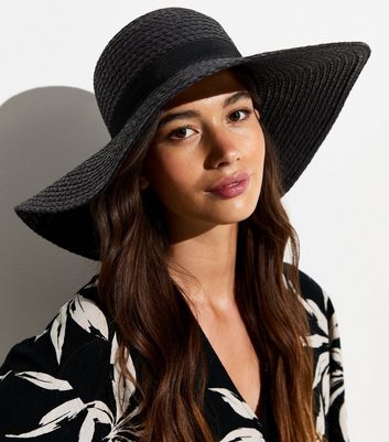 Black Straw Effect Oversized Hat | New Look