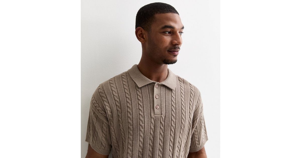 Light Brown Cable Knit Relaxed Fit Short Sleeve Polo Top | New Look