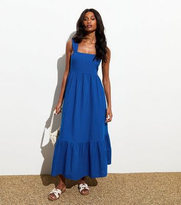 Blue Square Neck Back-Tie Midi Dress | New Look
