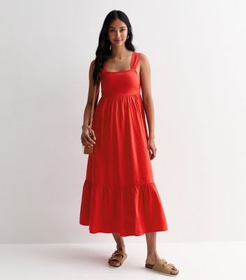 Red Square Neck Back-Tie Midi Dress | New Look