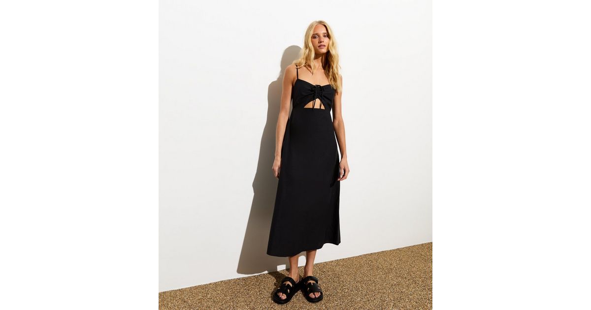 Black Strappy Cut Out Ruched Midi Dress | New Look