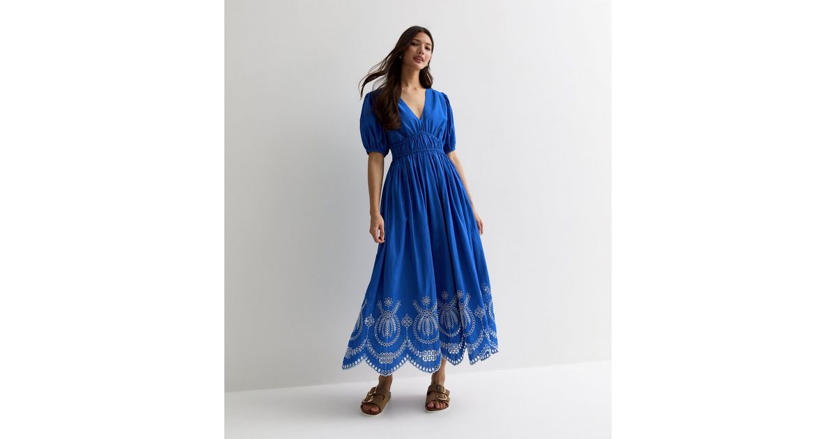 Bright Blue Cotton Broderie Hem Midi Dress | New Look
