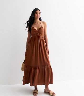 Rust Beaded Strappy Tiered Midi Dress | New Look
