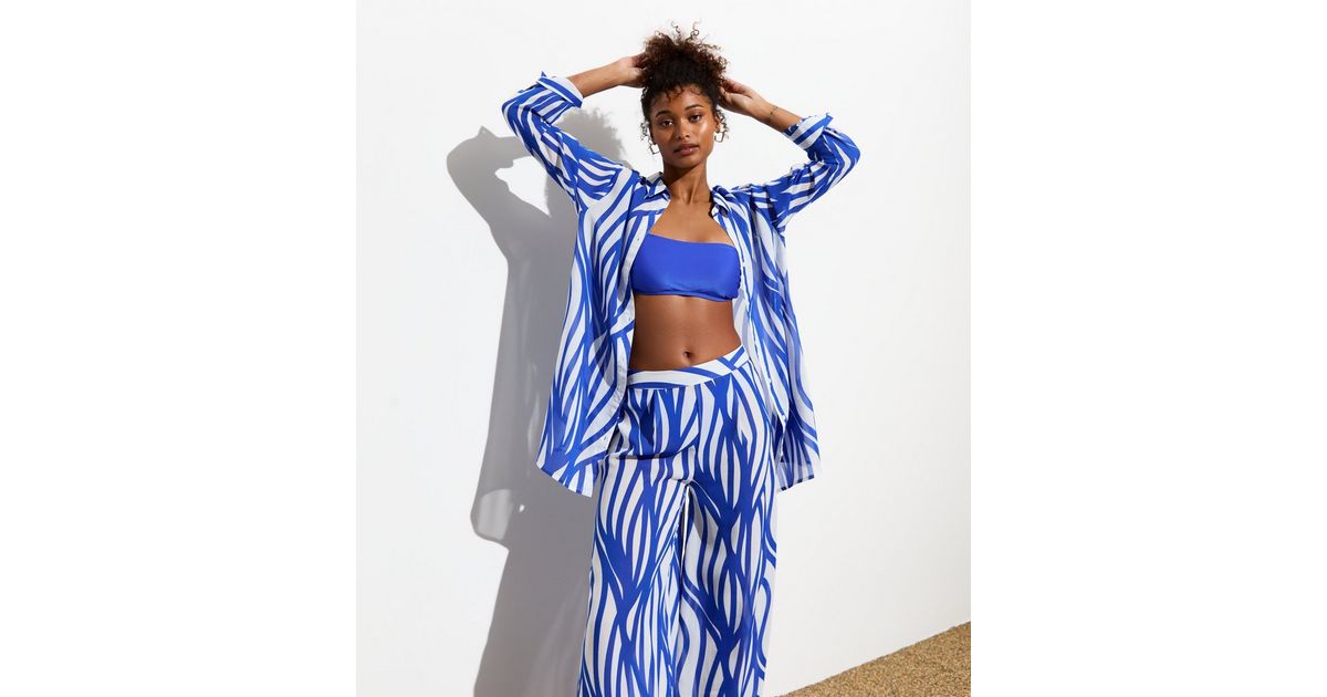 Blue Line Print Long Sleeve Beach Shirt | New Look