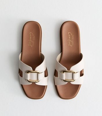 Off-White Leather-Look Buckled Sliders | New Look