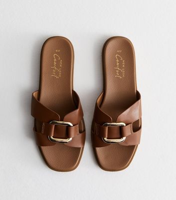 Tan Leather-Look Buckled Sliders | New Look