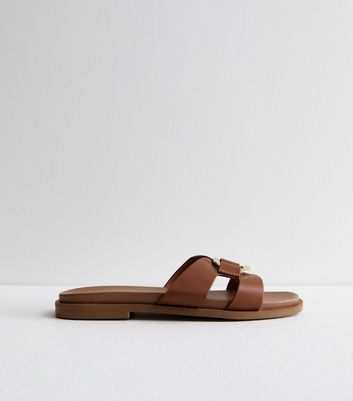 Tan Leather-Look Buckled Sliders | New Look